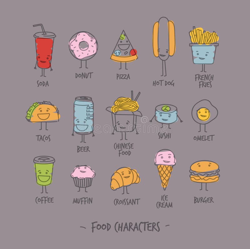 Caracteres De La Comida Grises Ilustración del Vector - Ilustración de ...