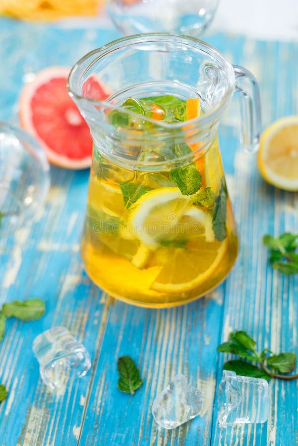 Carafe with Lemon Drink, Fruit and Mint Stock Photo - Image of ...