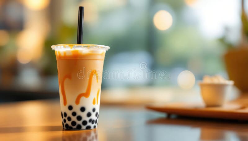 Caramel Boba Tea in Plastic Cup on Table Stock Illustration ...
