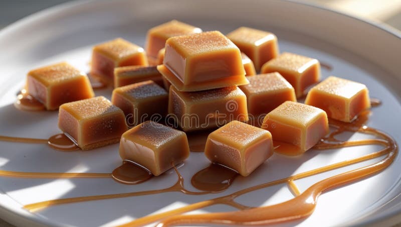 Caramel Candies with Caramel Sauce on White Plate. Stock Image - Image ...
