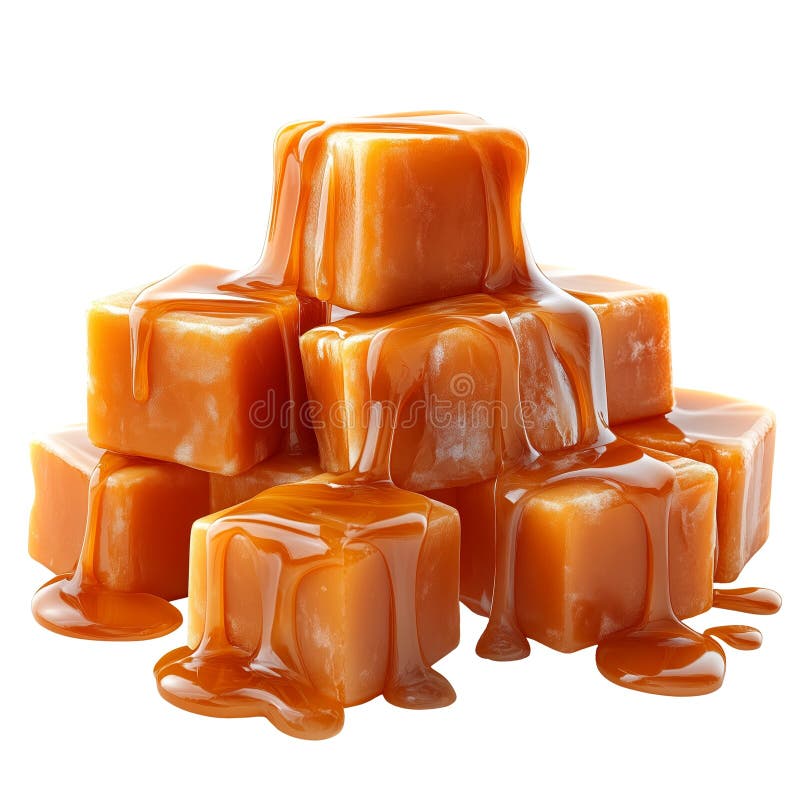 Caramel Candy Cubes and Drops in Mid-air, Isolated on a Transparent ...