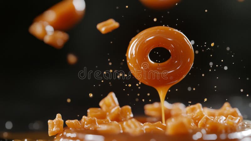 Caramel Candy Dripping and Falling on Dark Background Stock ...
