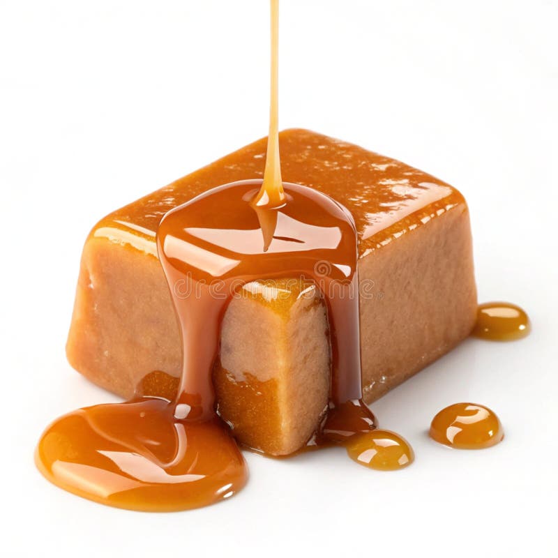 Caramel Candy with Caramel Sauce Flowing Down Isolated on White ...