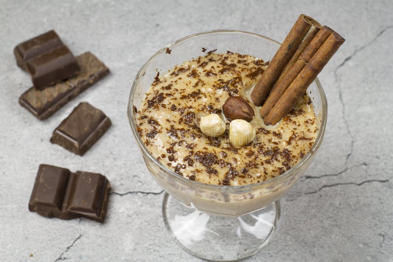 Caramel Chocolate Pudding with Chocolate and Nuts Stock Image - Image ...