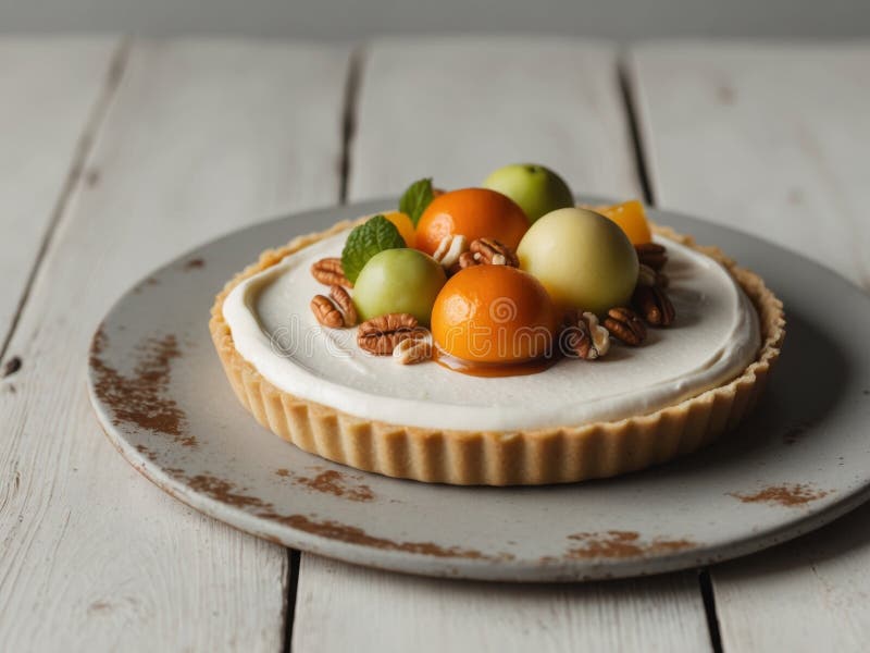 Caramel and Cream Topped Tart with Whole Fruit and Nut Garnish on a ...