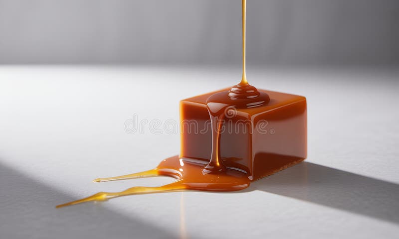 Caramel Cube Drizzled with Sauce Against White Background in Studio ...