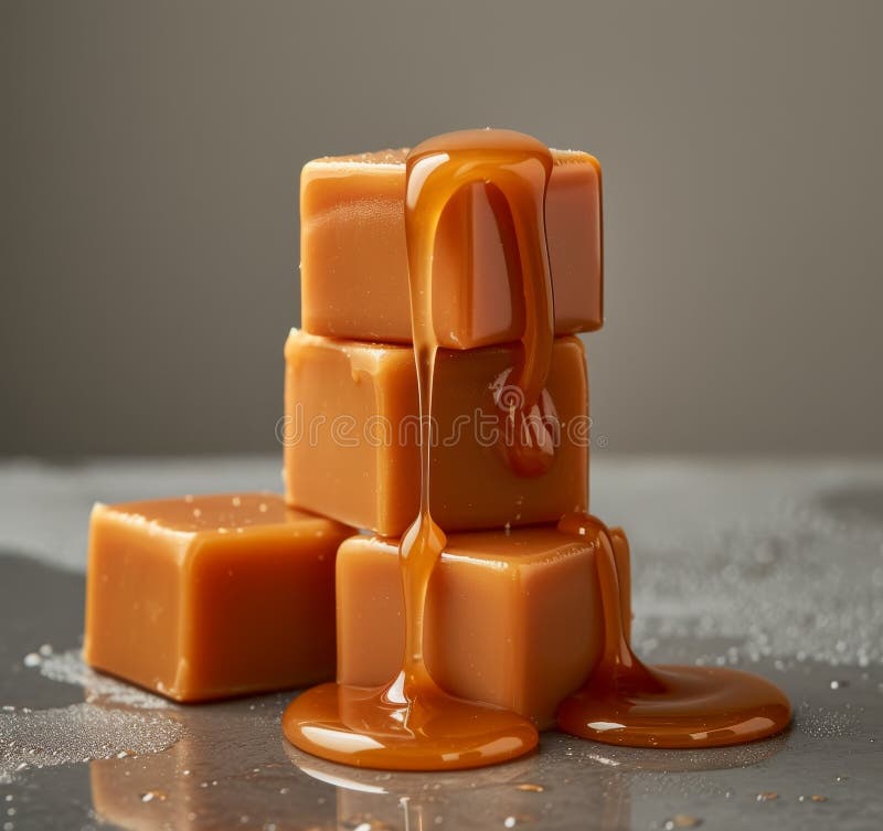 Caramel Cubes with Dripping Sauce on a Reflective Surface Stock ...