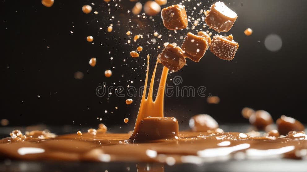 Caramel Cubes Falling into Dark Brown Sauce Stock Illustration ...