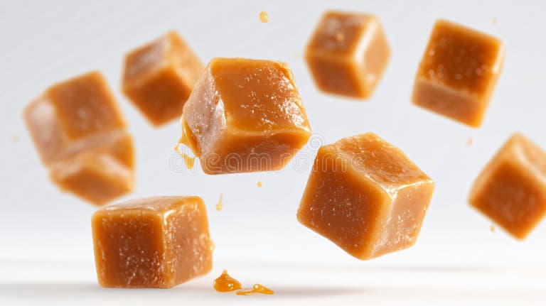 Caramel Cubes Falling Isolated on White Background for Sweet Dessert ...