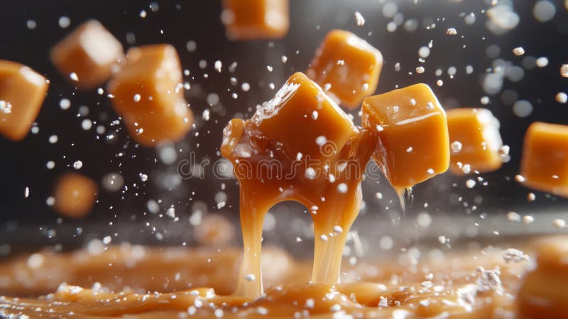 Caramel Cubes Falling into Caramel Sauce Stock Illustration ...