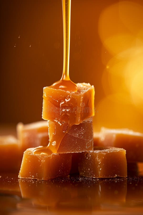 Caramel Cubes are Poured with Liquid Caramel Stock Photo - Image of ...