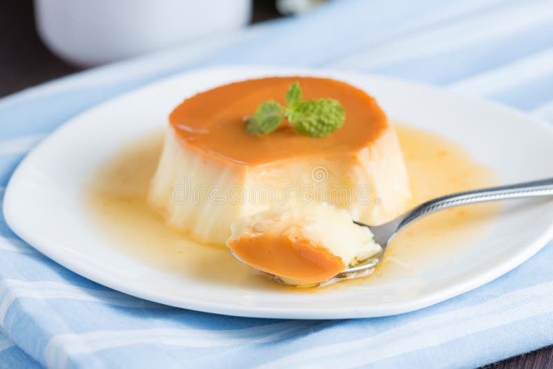 Caramel Custard Pudding in White Plate. Stock Photo - Image of cream ...