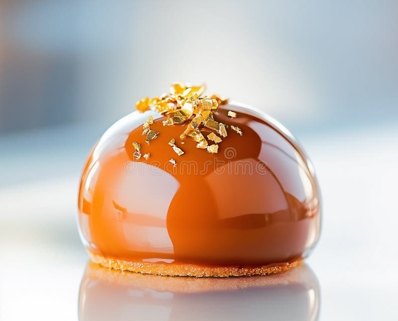 Caramel Dessert on Crunchy Biscuit with Golden Flakes Stock ...