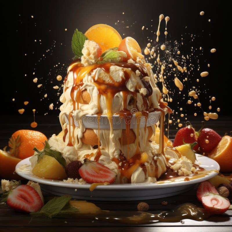 Caramel Dessert Explosion with Fruit Stock Illustration - Illustration ...