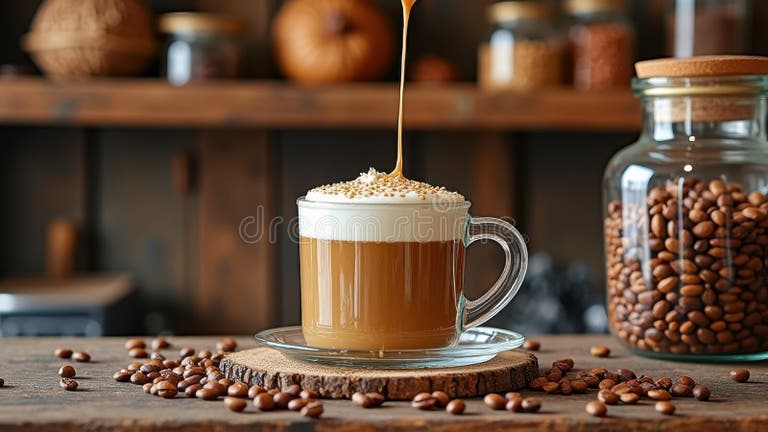 Caramel Drizzle on Latte in Rustic Coffee Shop Setting with Coffee ...