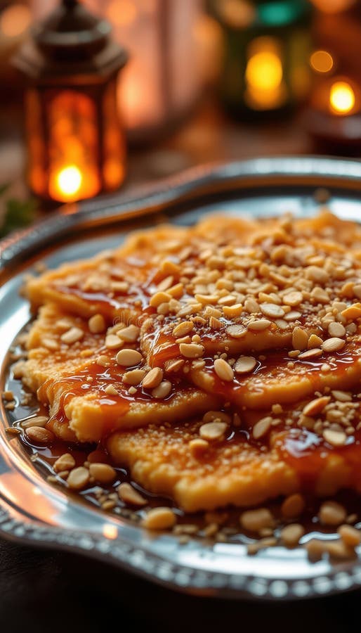 Caramel Drizzled Crepes with Nut Topping on Silver Plate in Warm ...