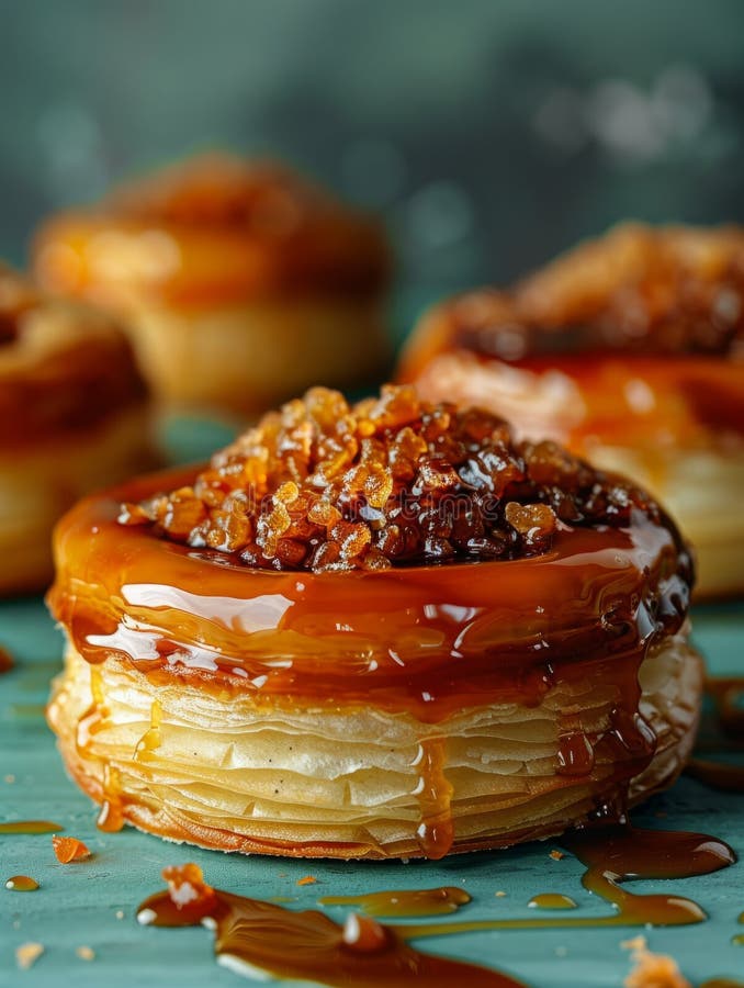 Caramel-drizzled Pastry with Crunchy Topping on a Blue Surface Stock ...