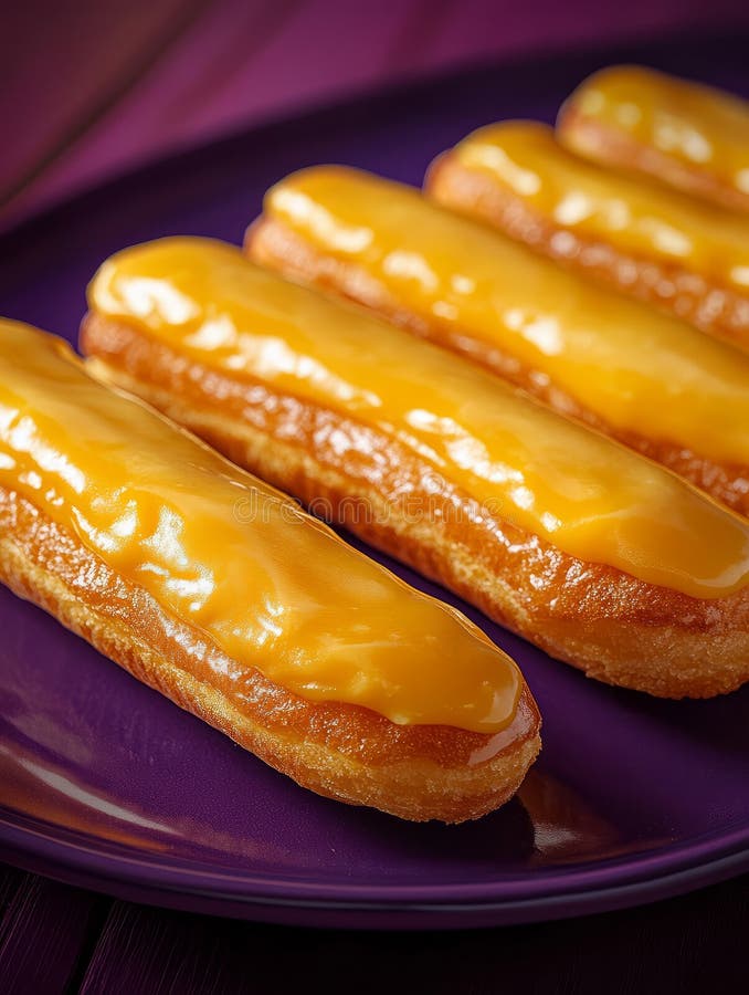 Caramel-glazed Eclairs on a Purple Plate. Stock Image - Image of ...