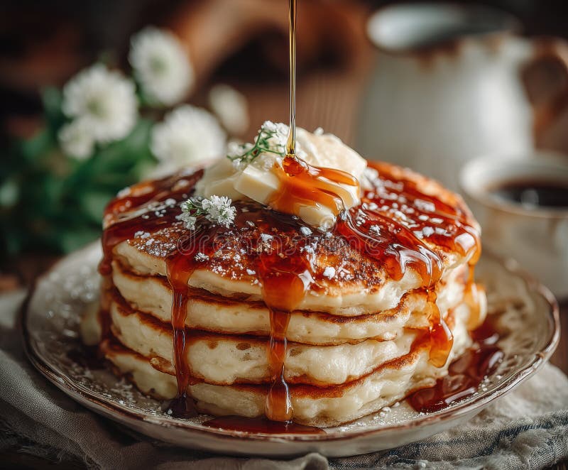 Caramel Glazed Pancakes Stack, Melting Butter, Cozy Brunch Setup, Soft Morning Light. Generative ...