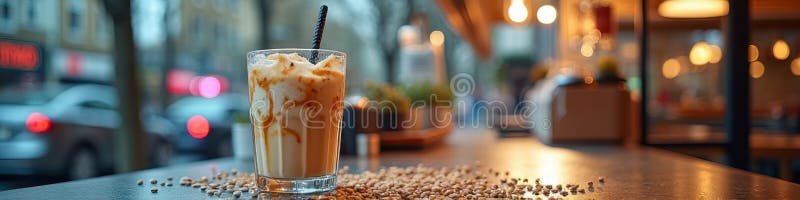 Caramel Iced Coffee in a Cozy Urban Cafe Setting with Warm Lighting ...