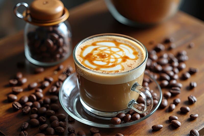 Caramel Macchiato in Glass Cup on Wooden Table Surrounded by Coffee ...