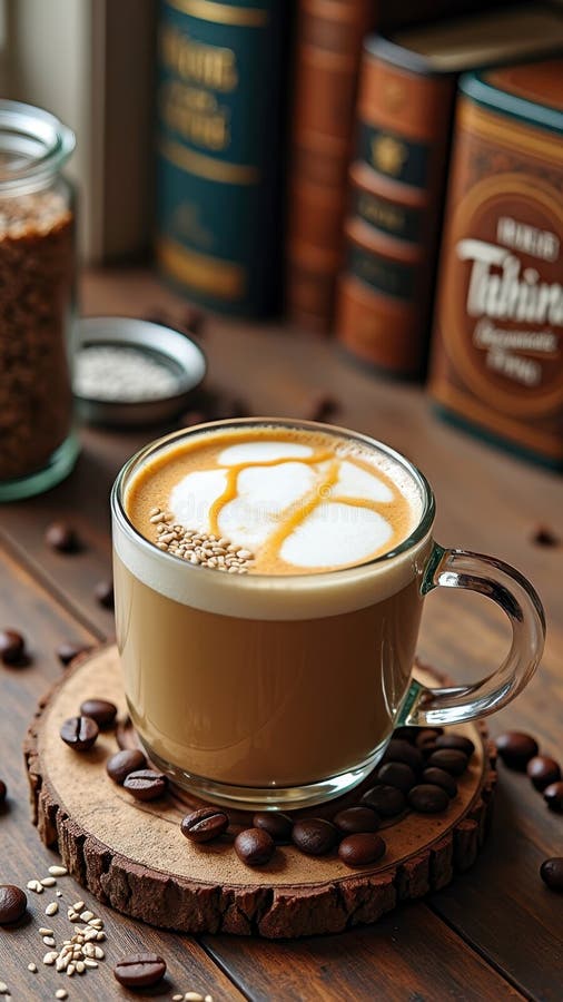 Caramel Macchiato on Rustic Wooden Table with Books and Coffee Beans ...