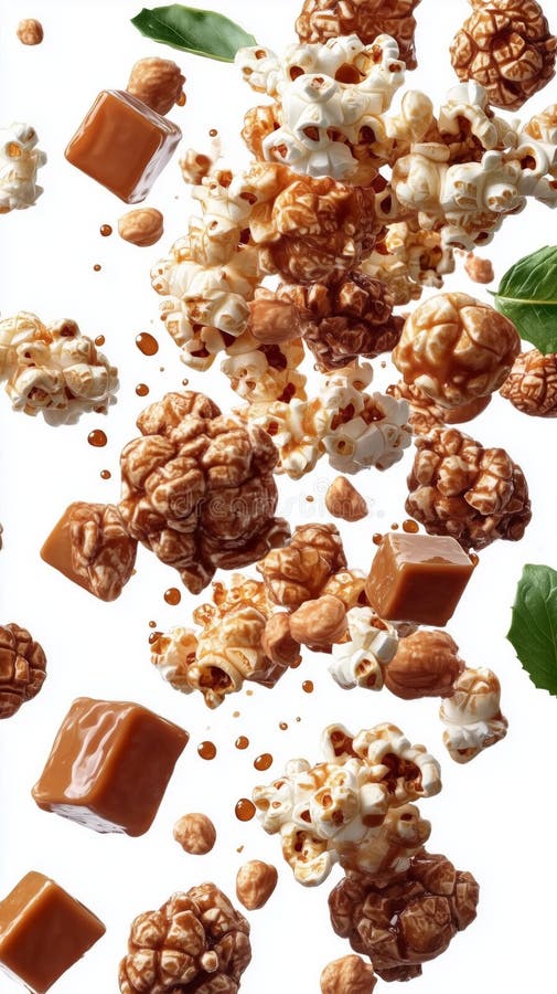 Caramel Popcorn Explosion with Nuts and Green Leaves on White ...
