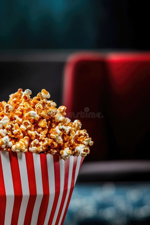 Caramel Popcorn in Red and White Striped Box in Cinema Setting Stock ...