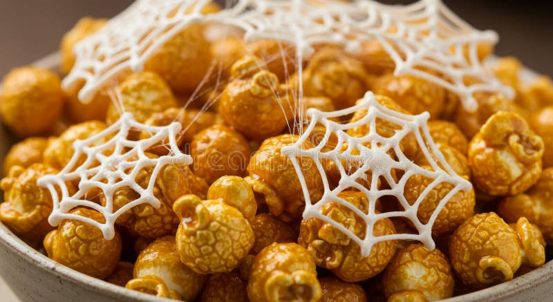 Caramel Popcorn with White Spiderweb Decorations Stock Illustration ...