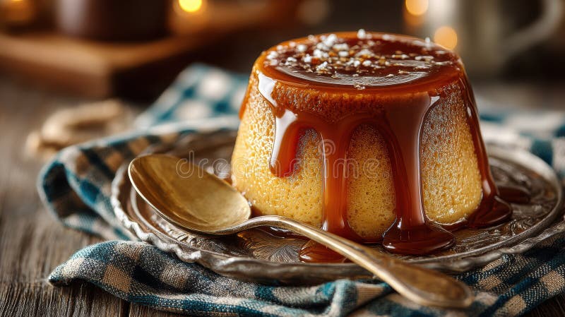 Caramel Pudding with Glossy Sauce and Vintage Spoon on Rustic Table ...