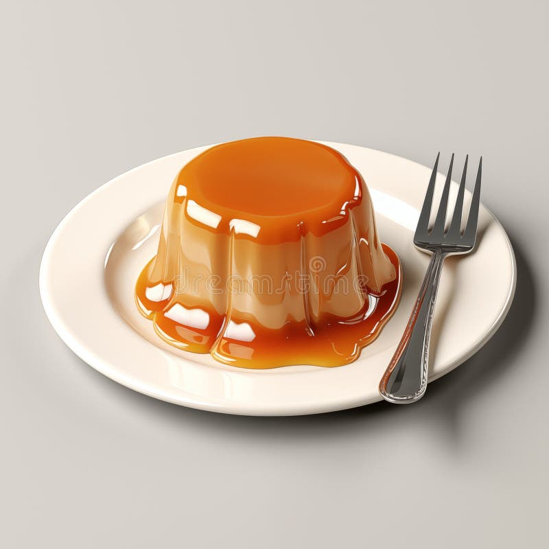 Caramel Pudding with Glossy Sauce on a White Plate and Fork on the Side ...