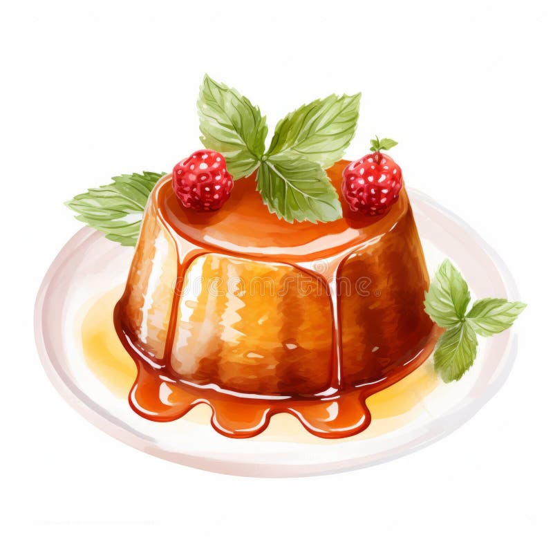 Hyperrealistic Watercolor Illustration of Pudding with Syrup and ...