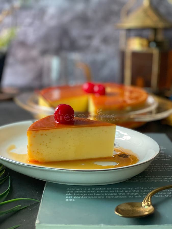 Caramel Pudding Slice with a Cherry on Top Stock Photo - Image of ...