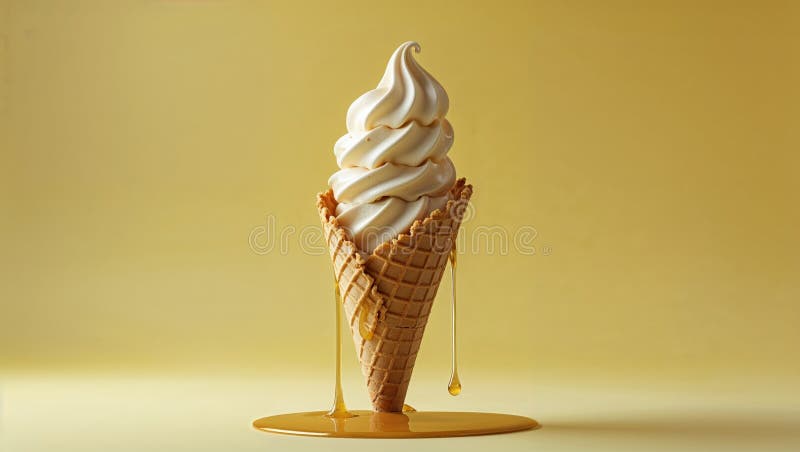 Caramel Swirl Soft Serve Ice Cream Melting in a Waffle Cone on a Solid ...