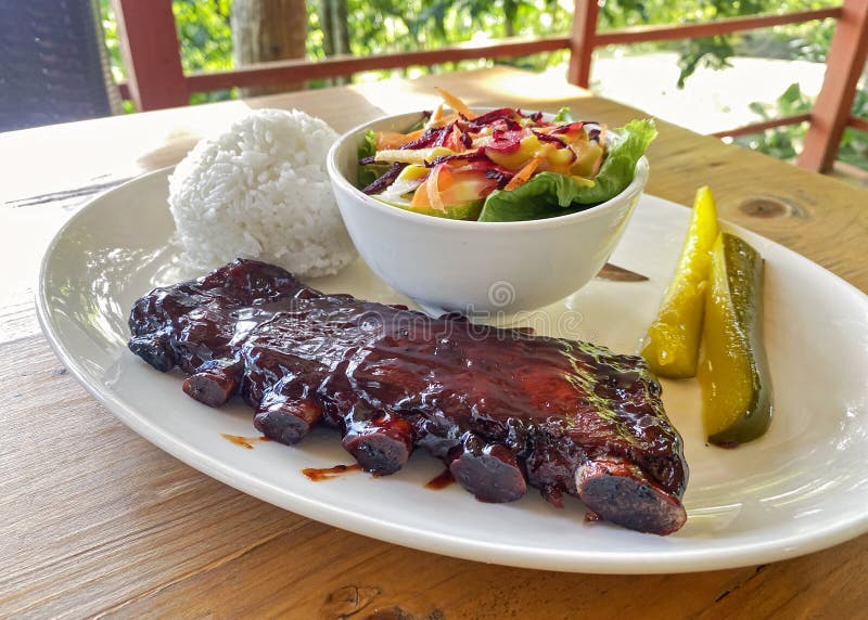Caramelized Fried BBQ Beef Ribs with Vegetable Salad, Rice and Pickled ...