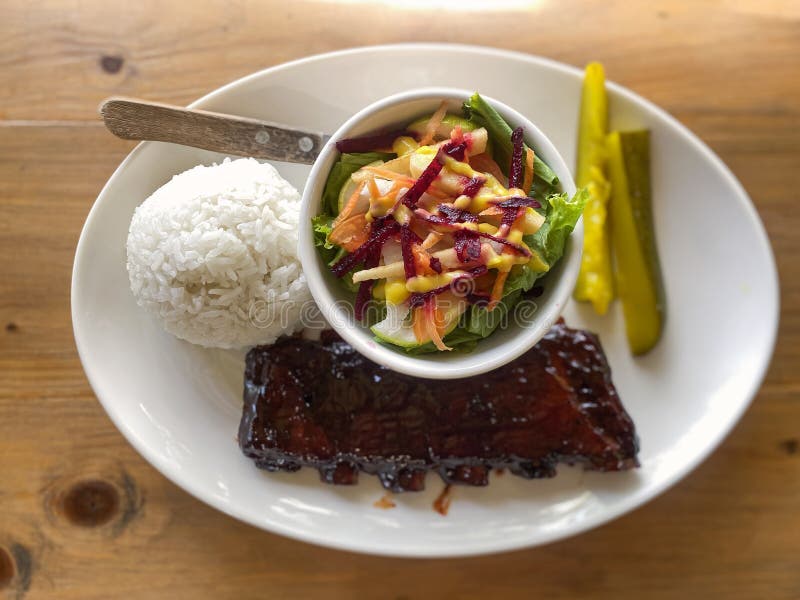 Caramelized Fried BBQ Beef Ribs with Vegetable Salad, Rice and Pickled ...