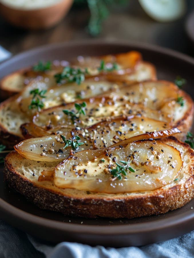 Caramelized Onion Toast with Fresh Thyme on Whole Grain Bread Stock ...