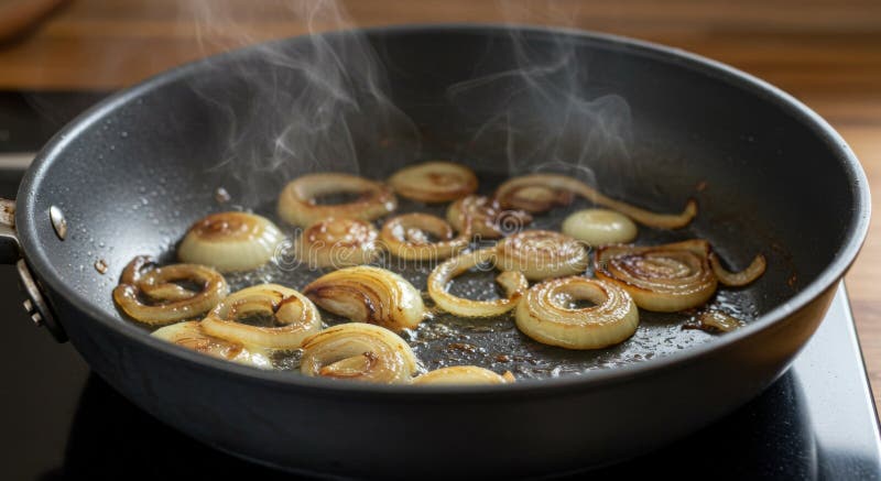 Caramelized Onions Sizzling in a Black Pan Stock Illustration ...