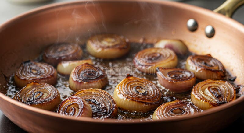 Caramelized Onions Sizzling in Copper Pan Stock Illustration ...