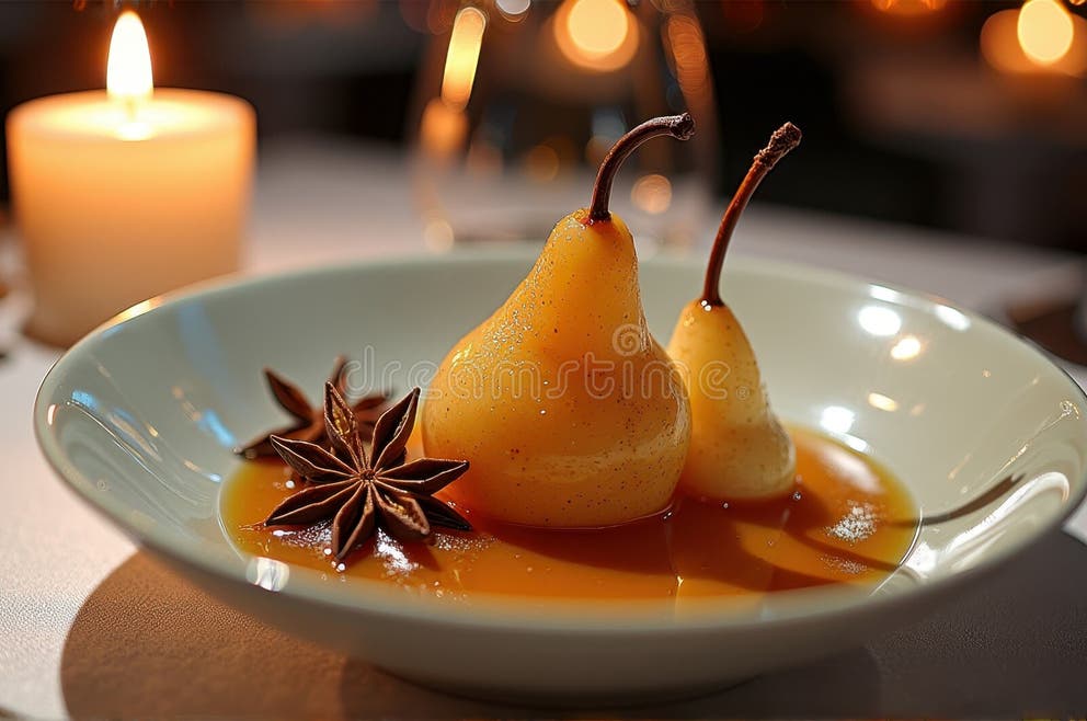 Caramelized Poached Pears with Star Anise in Elegant Candlelit Setting ...