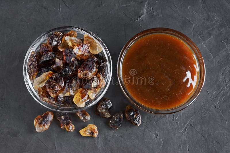 Caramelized Sugar and Liquid Caramel in Glass Bowls Stock Photo - Image ...