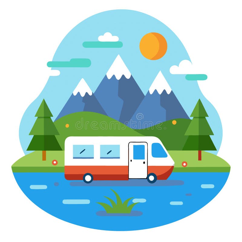 Caravan Camping on Lake Shore. Camping on Nature. Holidays in Motor Home Stock Vector ...