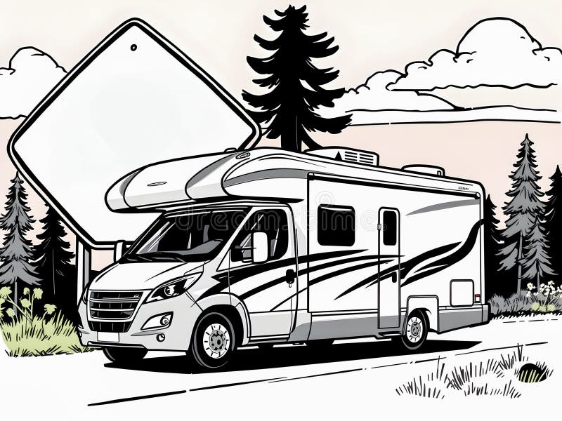 Caravan Camping on Nature Vector Illustration in Retro Style Monochrome ...