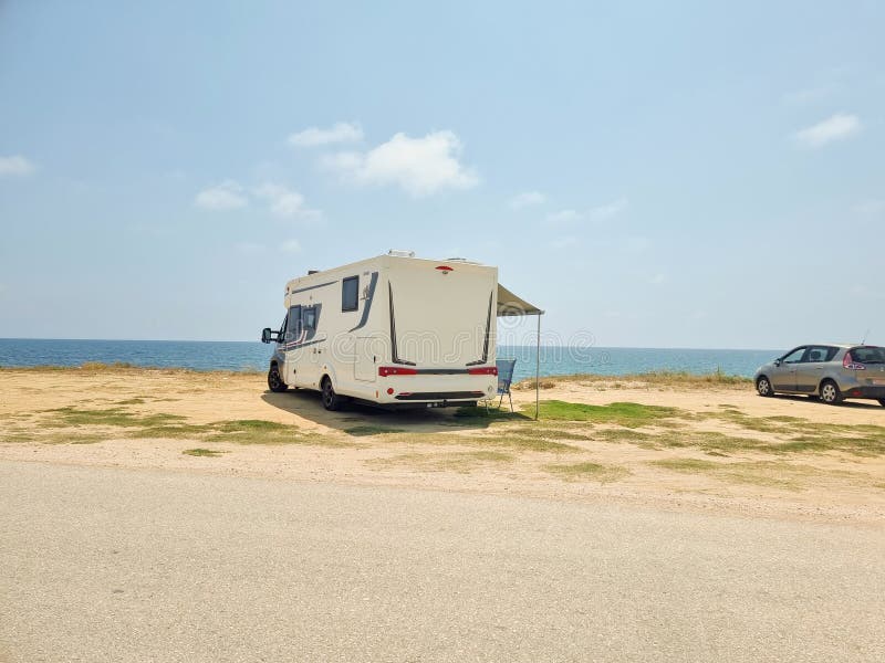 Caravan Car by the Beach in Summer Holidays Modern Stock Image - Image ...
