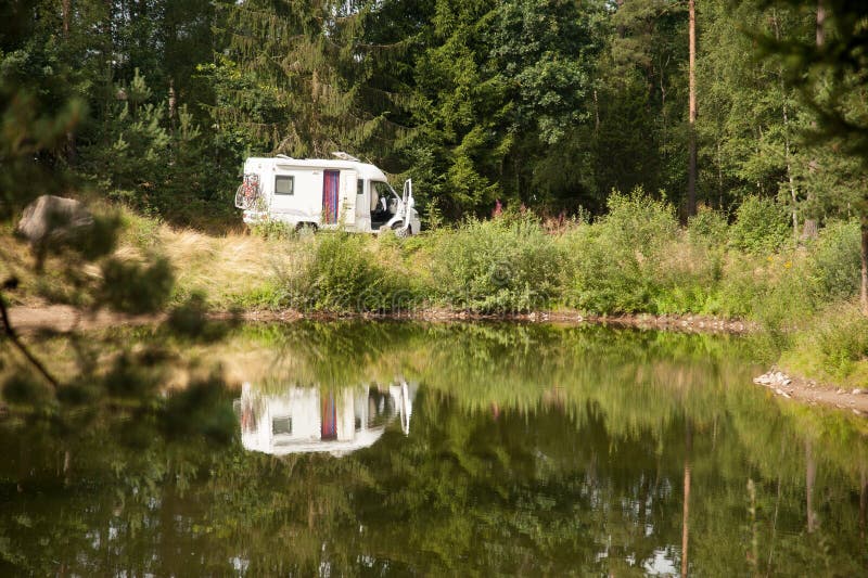 Caravan at a Lake in Summer Stock Image - Image of camping, relaxation ...