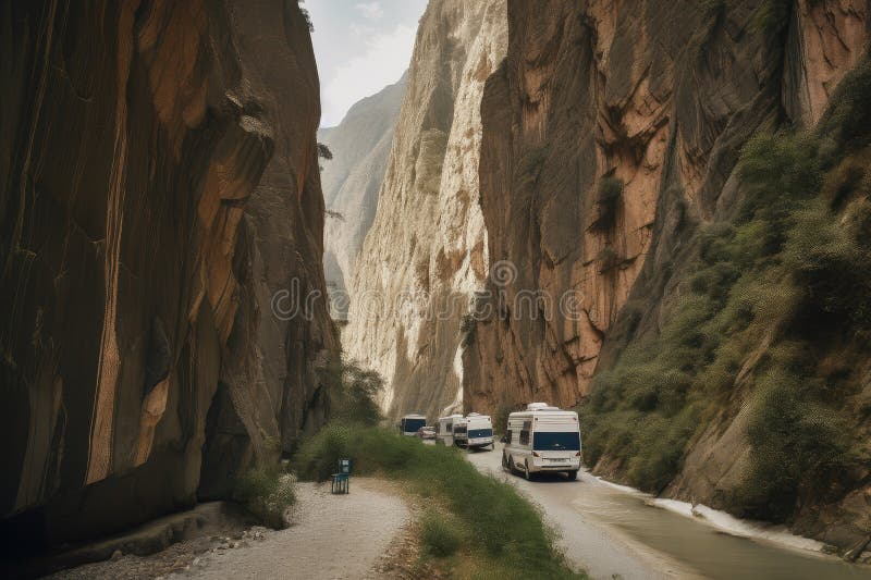 Caravan Passing through Narrow Gorge, with Towering Cliffs on Either ...