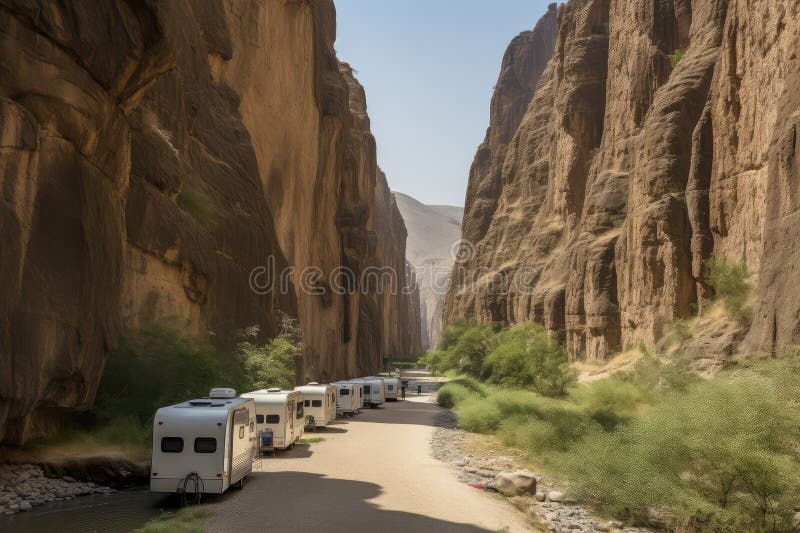 Caravan Passing through Narrow Gorge, with Towering Cliffs on Either ...