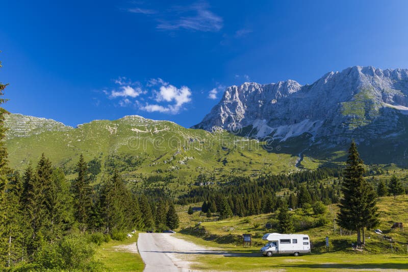 Caravan in Summer Mountain Landscape, Alps, Italy Stock Image - Image ...