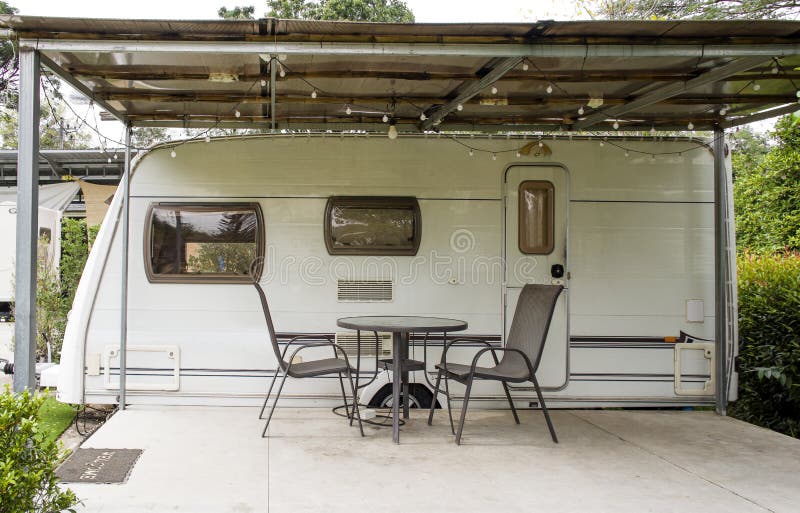 Caravan Trailer with Balcony in Front Stock Photo - Image of balcony ...