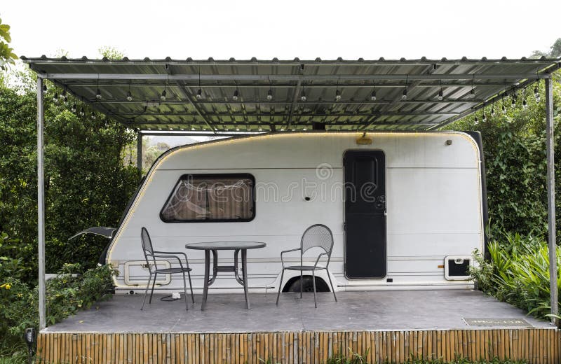 Caravan Trailer with Balcony in Front Stock Photo - Image of journey ...